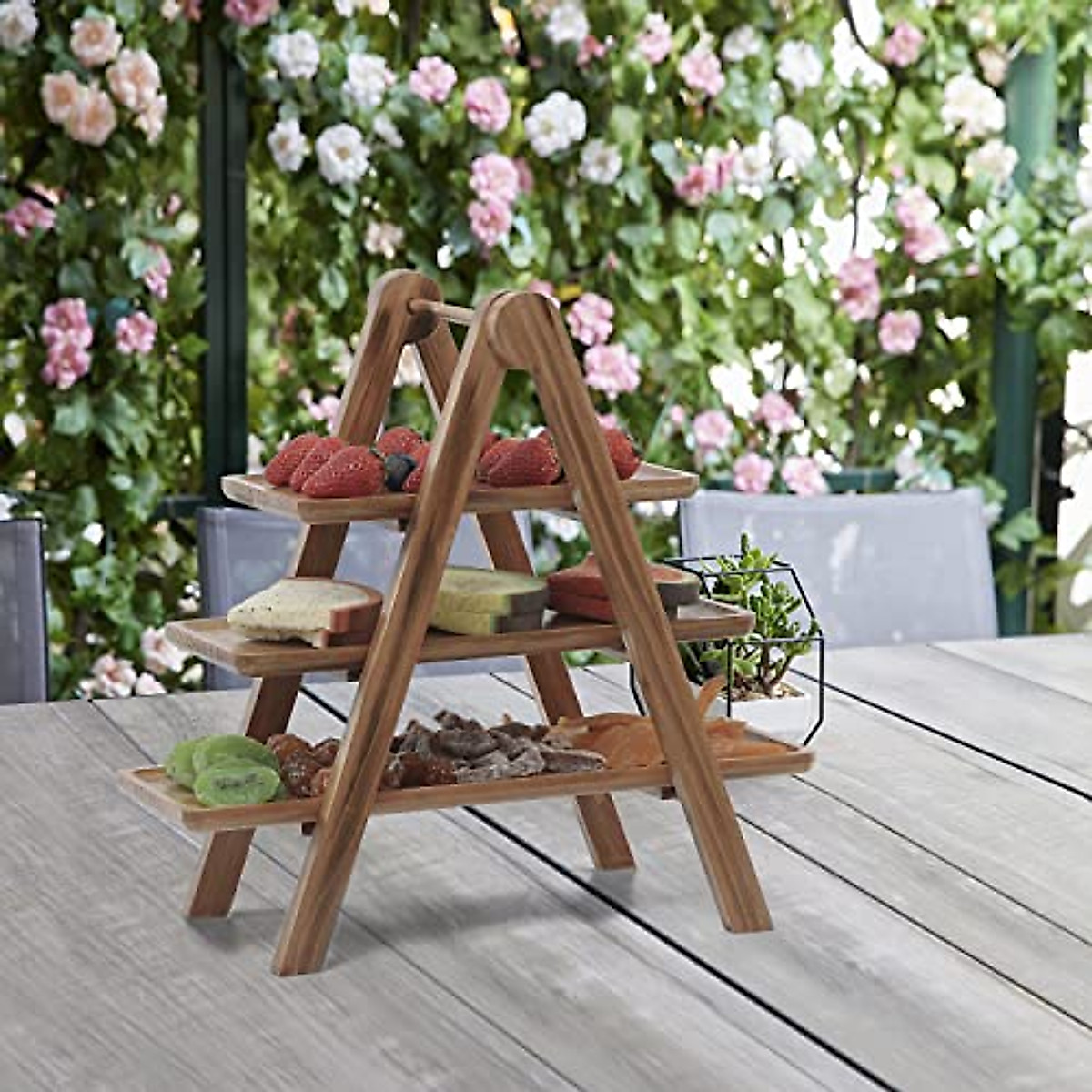 Wooden Tiered Serving Tray Wood 3 Tier Trays Stand Rectangular Cupcake Platters Collapsible Detachable Dessert Cake for Fruit Appetizers Tea Party Entertaining Food Buffet Wedding Farmhouse Decorative