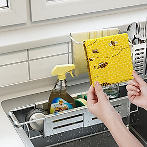 ParkNbuy Expandable Kitchen Sink Caddy Sponge Holder,Stainless Steel Telescopic Sink Storage Rack,Over Sink Adjustable Sponge Holder for Kitchen Sink with Dishcloth Towel Rack,Black