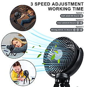 Stroller Fan, Use As Power Bank, 66H 10000mAh Battery Operated Fan, Personal Portable Fan, Baby Stroller Fan, with Flexible Tripod Clip on Student Bed Desk Bike Crib Treadmill Camping (Black)