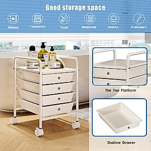 4-Tier Utility Cart with 4 Drawers, Rolling Utility Cart with 2 Lockable Wheels, Multipurpose Mobile Rolling Drawer Cart, Easy Assembly Office Bathroom Kitchen (4 Layers New)