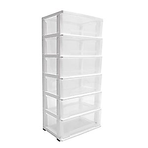 6-Layer Rolling Storage Cart and Organizer Plastic Drawer Cabinet Shelf with Wheels Transparent Drawers Mobile Storage Rack Tower for Offices Hallway Closet Kitchen 19.7x13x43in (White)