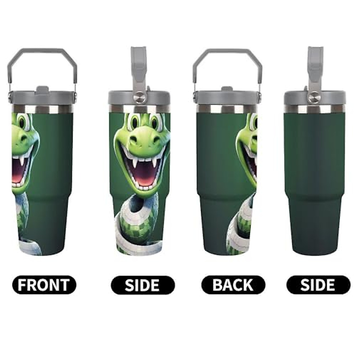 RTFGHJS Cartoon Snake Green 30 Oz Tumbler with Handle And Flip Straw, Stainless Steel Vacuum Insulated Travel Mug, Thermal Cup for Coffee, Water, Iced Drinks, Fits Car Cup Holders (Home, Sports)