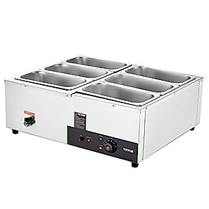 VEVOR 6-Pan Commercial Food Warmer, 6 x 8QT Electric Steam Table, 1200W Professional Countertop Stainless Steel Buffet Bain Marie with 86-185°F Temp Control for Catering and Restaurants, Silver