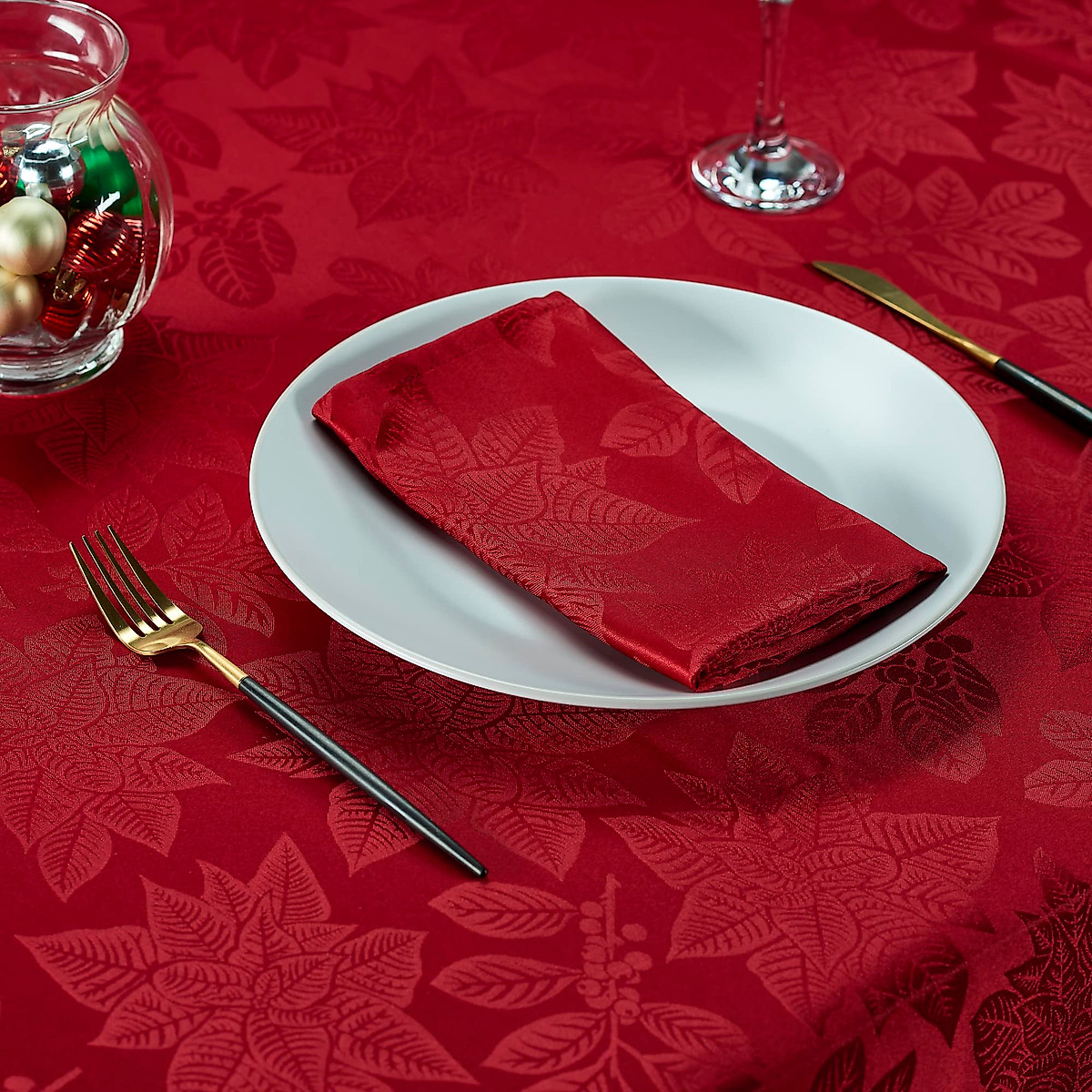 Kadut Christmas Tablecloth, Poinsettia Leaf Red Tablecloth (60 x 102 Inch) for 6 Foot Rectangle Tables, Heavy Duty Fabric, Table Cloth for Harvest, Xmas Holiday, Winter, and Parties Table Cover