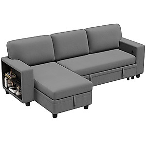 Flamaker 80" Sleeper Sofa, Sofa Bed with Built-in Large Storage and 2 Bookshelves, Convertible Sectional Sofa Couch, Pull Out Couch with USB, Modern Couches for Living Room (Corduroy, Light Grey)