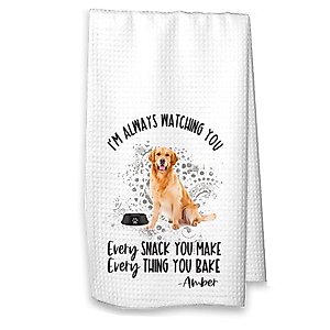 The Creating Studio Personalized Golden Retriever Always Watching You Waffle Weave Kitchen Towel, 16"x24", Housewarming Gift Hostess Gift (Golden Retriever with Name)