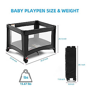 Portable Baby Playpen, Xhakchik Foldable Toddler Playard, One-Press Open Black Crib with Soft Mat and Mesh Sides for Safety and Comfort - Lightweight Travel Crib Playpen for Babies and Toddlers