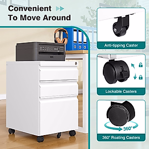 3 Drawer File Cabinet with Lock,Under Desk File Cabinet with Wheels,White Rolling File Cabinet,Three Drawer Metal Filing Cabinet for Home Office,Fit A4/Letter/Legal File,Fully Assembled Except Casters