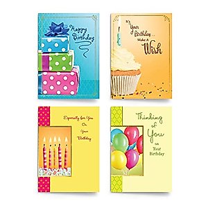 Designer Greetings Assorted Birthday Cards (12 Foiled and Embossed Greeting Cards with 13 Colored Envelopes; 3 Each of 4 Designs)