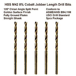 MAXTOOL 1/8" 5pcs Identical Jobber Length Drills HSS M42 Twist Drill Bits 8% Cobalt Fully Ground Golden Straight Shank Drills; JBF42G10R08P5