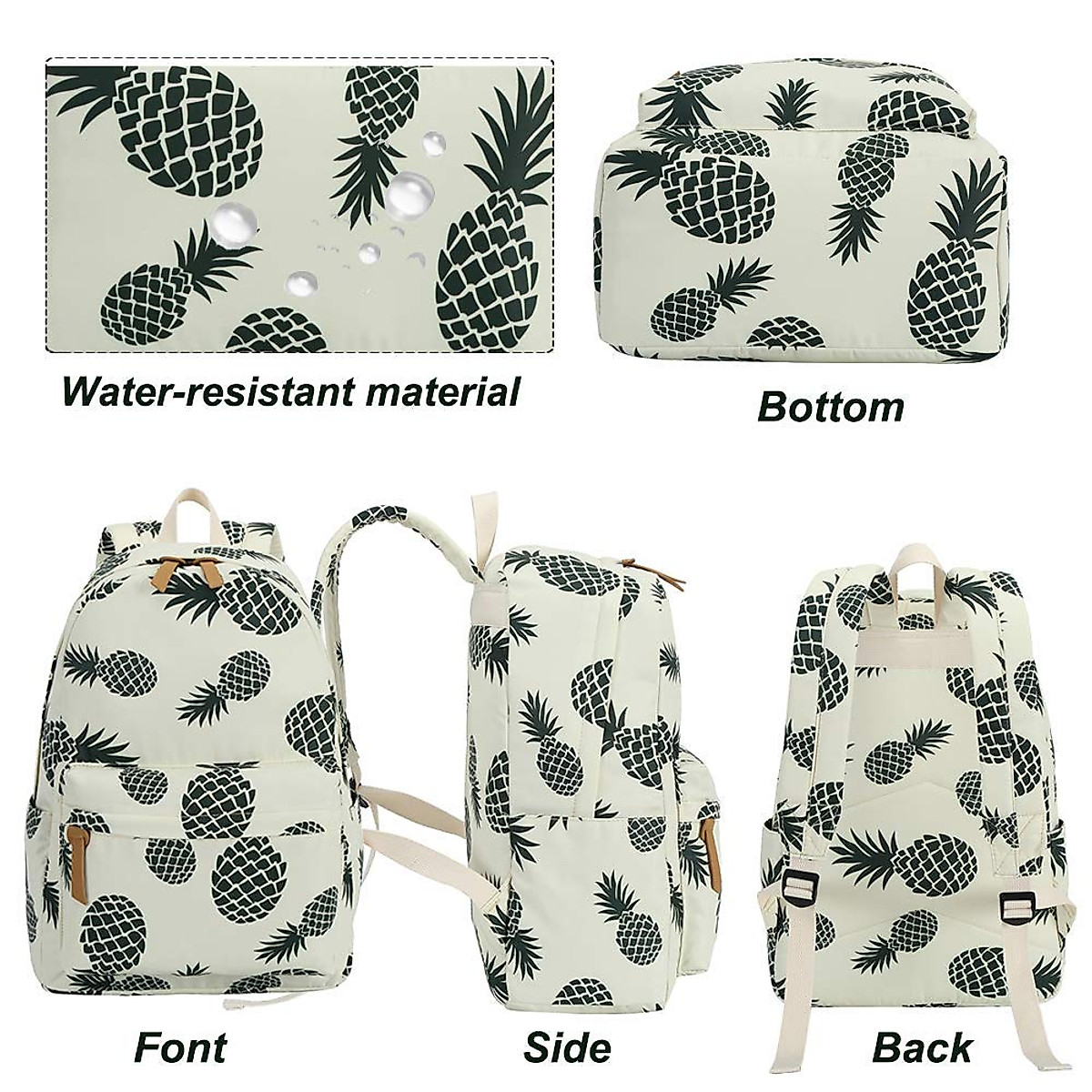 Bookbag School Backpack Girls Cute Schoolbag for 15 inch Laptop backpack set (Beige A002 Green pineapple)