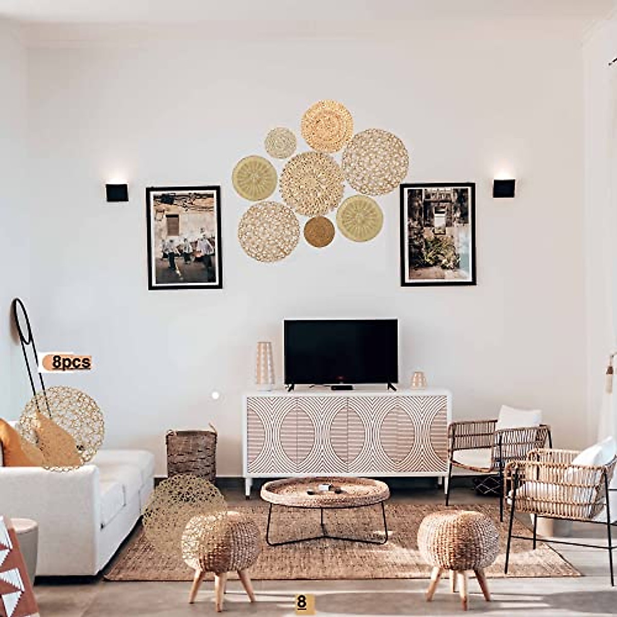 Boho Wall Basket Decor set of 8 (Size: 4.3"-15"), Handmade Boho Wall Baskets Decor, Woven Seagrass Wicker Rattan Flat African Baskets Wall Hanging Decor