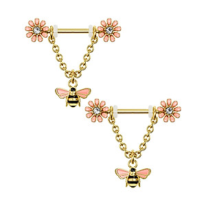 CM Crareesi Mania Chain Nipple Rings for Women Dainty Bee Nipple Shield Rings 316L Stainless Steel Nipple Piercing Barbells 14G Dangle Nipple Rings