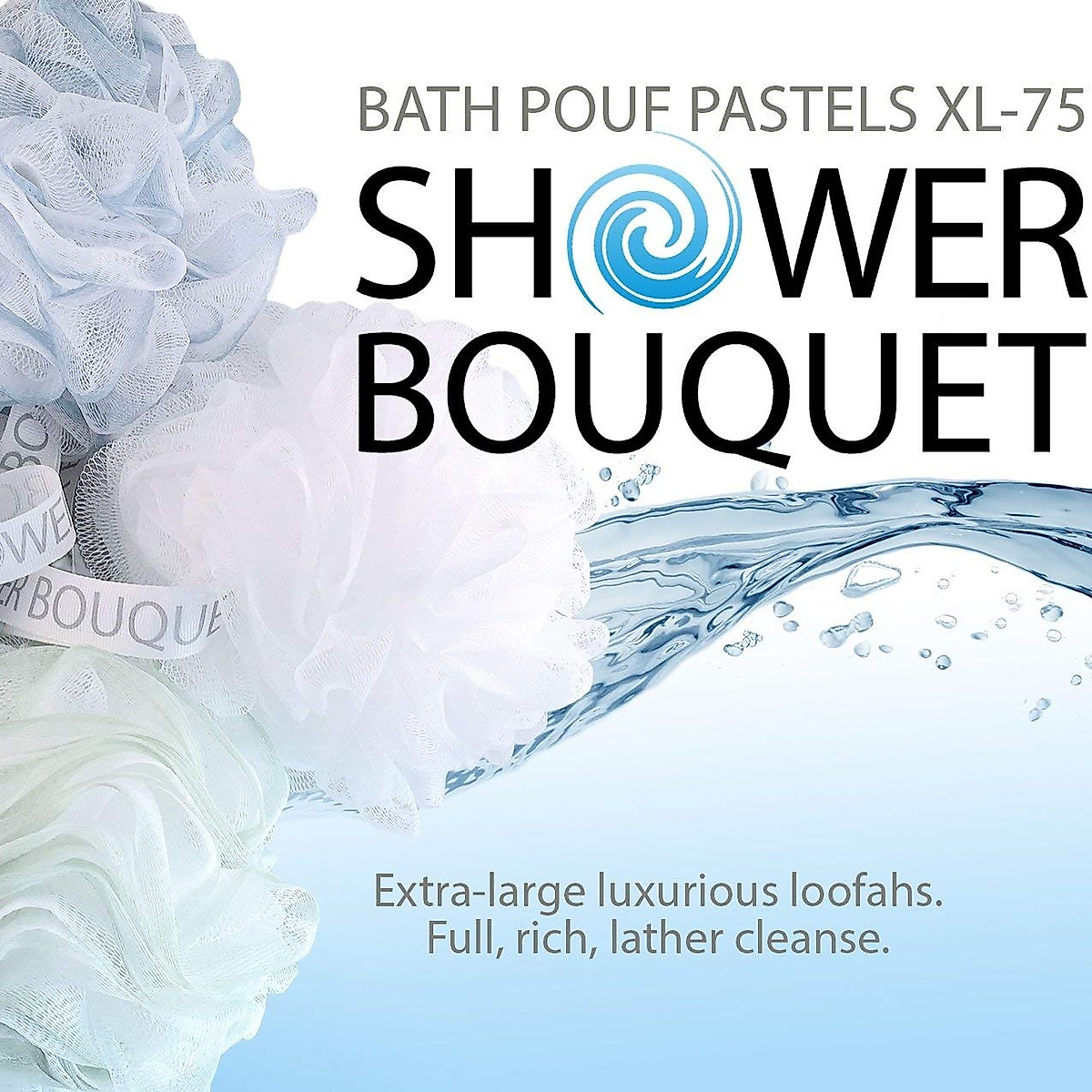 Loofah-Bath-Sponge XL-75g-Soft-Set by Shower Bouquet: 4-Pack-Pastel-Colors - Extra-Large Mesh Pouf Scrubber for Men and Women - Exfoliate with Big Lathering Cleanse