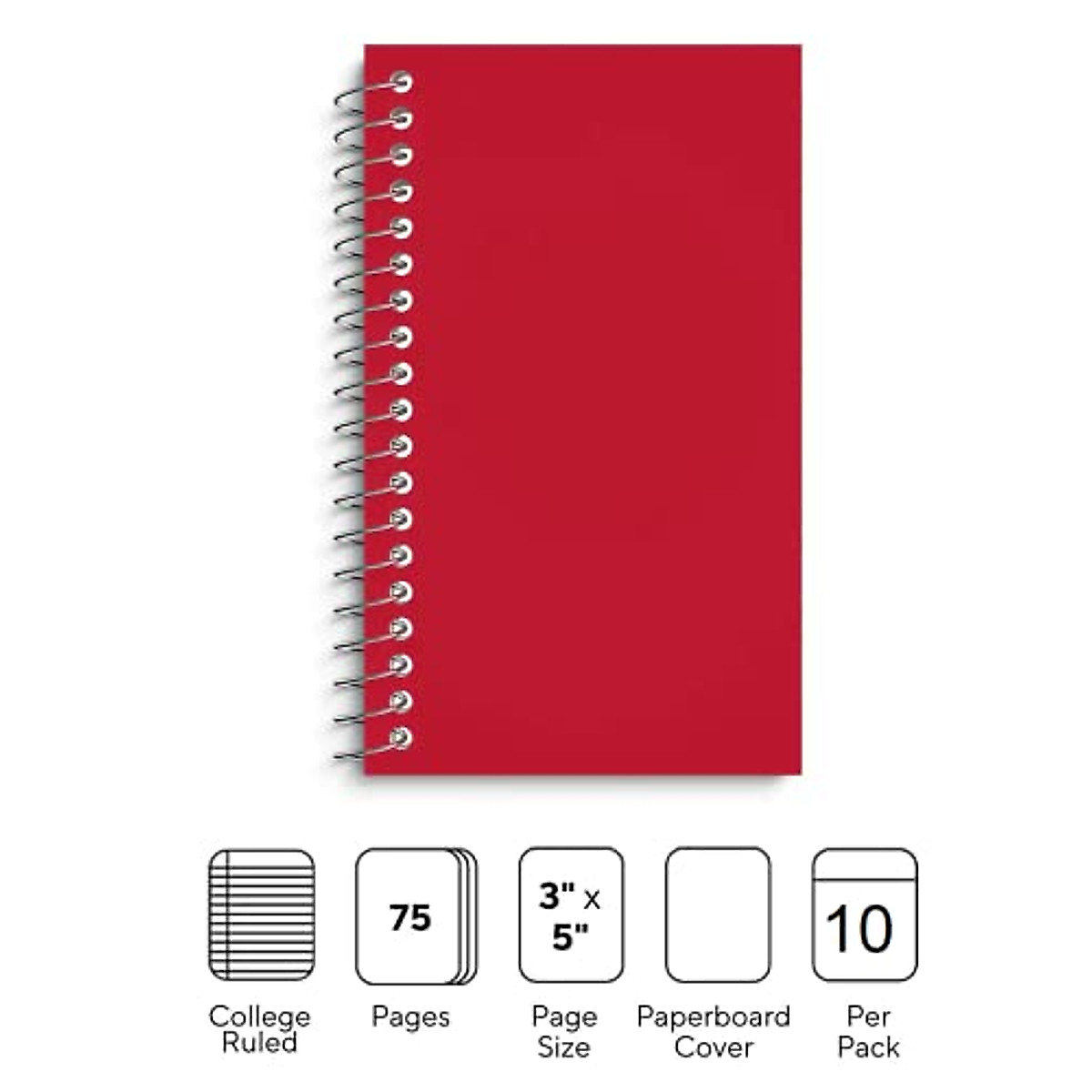 1InTheOffice Wirebound Spiral Memo Books, Memo Pads, 3" x 5", College Ruled, Small Notepad 3x5, Assorted, 75 Sheets/Pad, 10 Pads/Pack