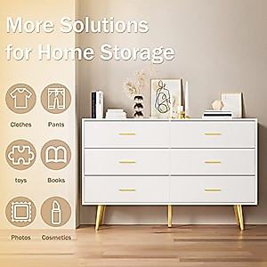 RESOM Dresser for Bedroom, 6 Drawer Double Dresser with Metal Handles, Modern Design, White and Gold Dresser for Closet Hallway,Bedroom (White)