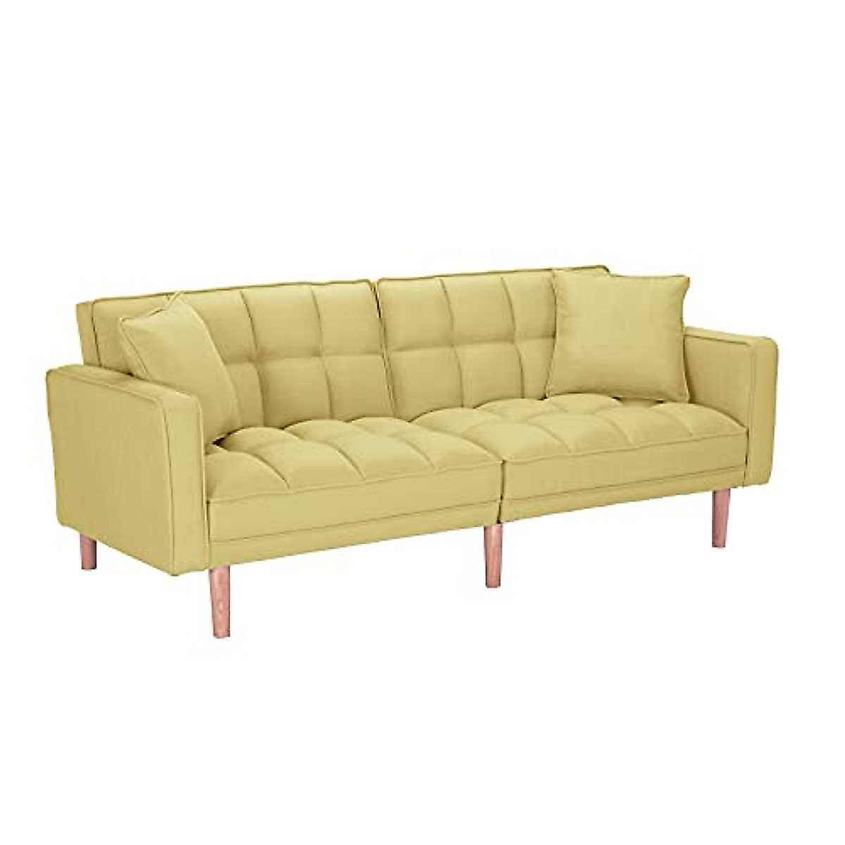 KoiHome Futon Sleeper Sofa Adjustable Back and Two Pillows, Modern Chaise with Conical Solid Wood Legs, Contemporary Home Furniture for Living, Bedroom,Office,Waiting Room, Polyester, Yellow