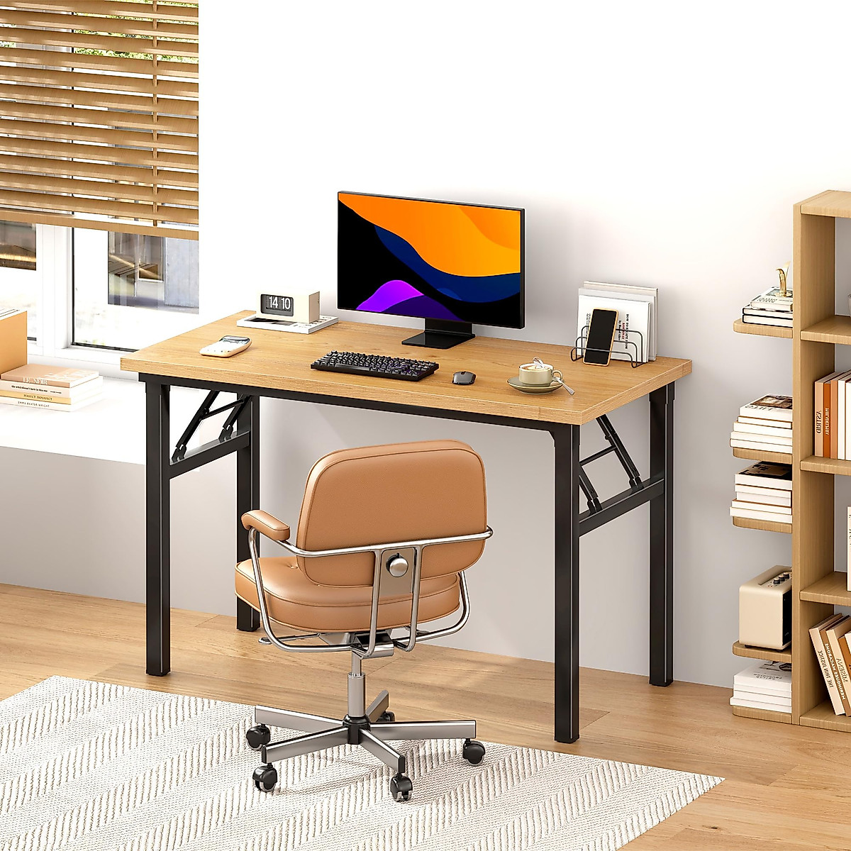 DlandHome Computer Desk Folding Table 39.4 inches Writing Desk for Small Space Study Table Laptop Desk No Assembly Required Teak&Black