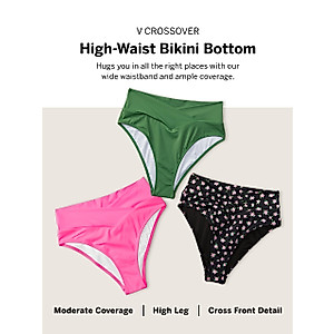 Victoria's Secret Pink V Crossover High Waisted Bikini Bottom, Swimsuit for Women, Moderate Coverage Bathing Suit Bottoms for Women, Pure Black Floral (S)