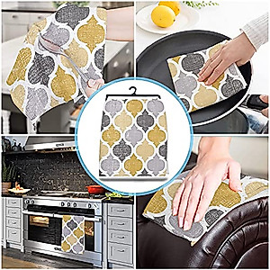 Segard Kitchen Towels Dish Towel Set of 2,Yellow Grey Moroccan Texture Absorbent Hand Towels Cleaning Dishcloth Tea Towels,Retro Linen Geometric Art Reusable Drying Dish Cloths