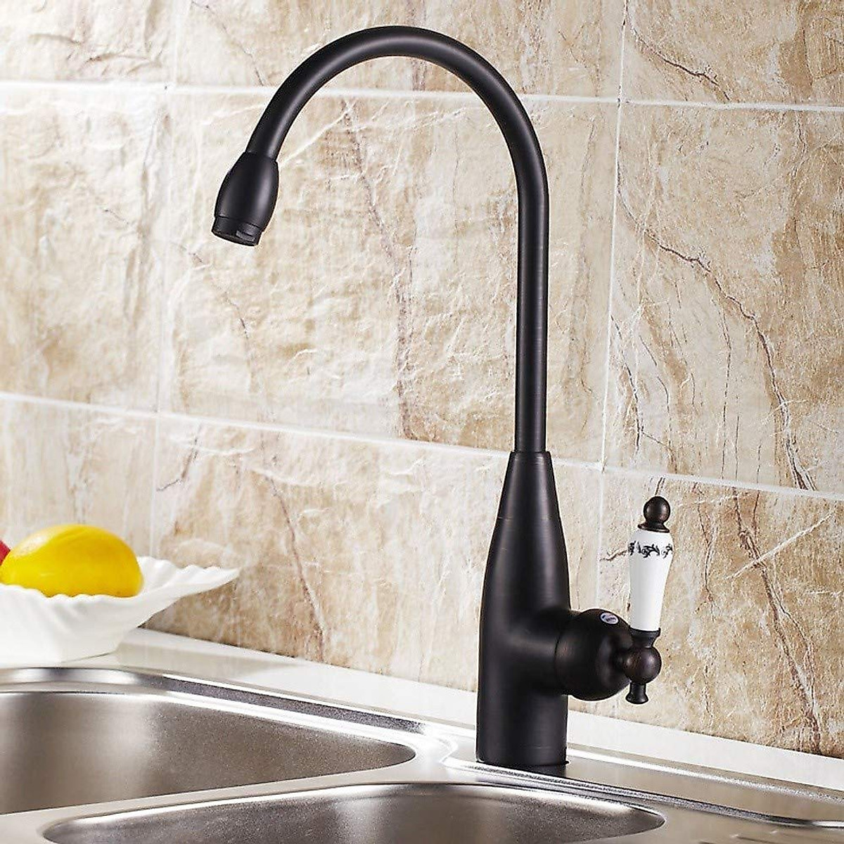 Easikc Antique High Arch Spout Ceramics Kitchen Faucet 360 Degree Rotation Full Copper Vintage Hot and Cold Water Taps Single Handle Single Hole Basin Mixer Faucet