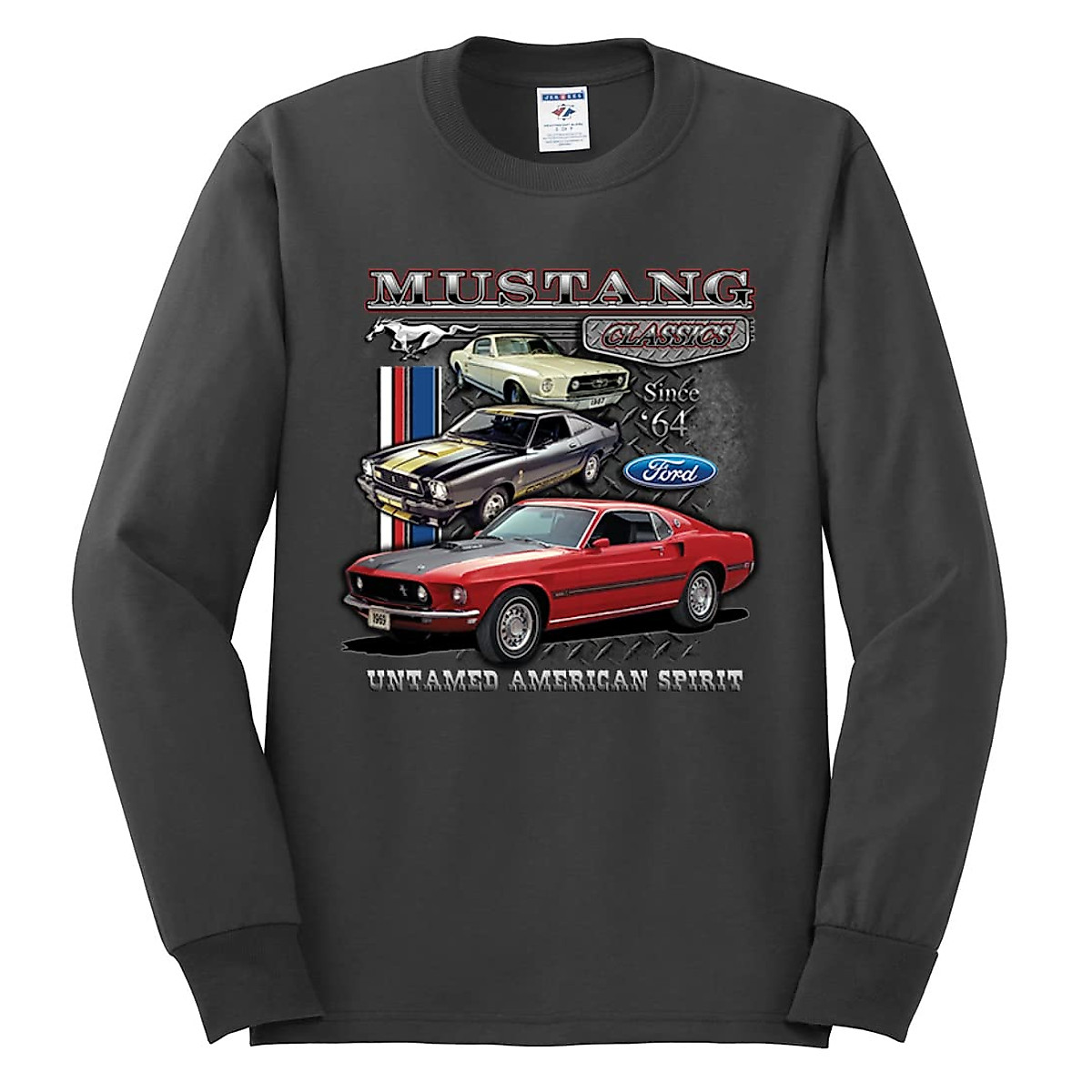 Ford Mustang Classics Untamed American Spirit Cars and Trucks Mens Long Sleeve Shirt, Charcoal, Large