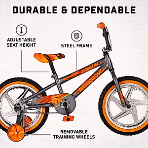 Mongoose Skid Boy's Freestyle BMX Bike with Training Wheels, 16-Inch Wheels, Grey