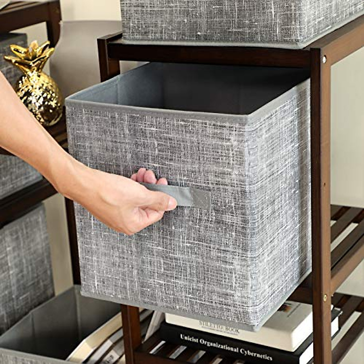 SONGMICS 9-Cube Storage Shelf and 6 Cube Bins Bundle, Open Bookshelf and Fabric Storage Boxes, Foldable Bins, Black and Gray UROB26LG and ULSN45BK