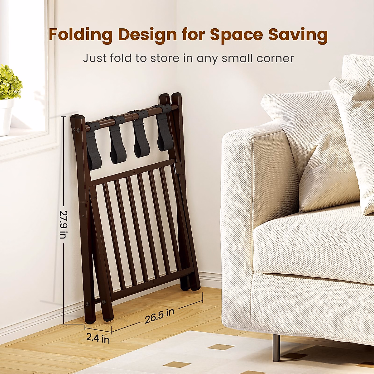 Folding Luggage Rack for Guest Room, Foldable Luggage Suitcase Stand with Unique Magnetic Locking ＆ Steel Shelf, Per Tier Hold up to 150 lb, Luggage Holders for Guest Room Bedroom Hotel, Brown, 1 Pack