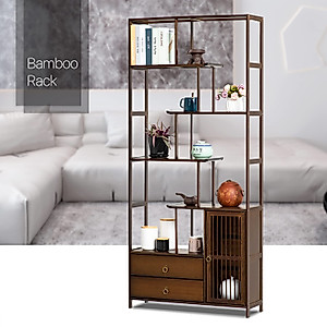 MoNiBloom Bamboo 7 Tier Staggered Bookshelf Etagere Vintage Bookcase Display Open Shelf for Home Living Room Office Bedroom, Brown