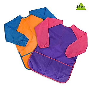 Smocks For Kids - 2 Pack Kids Smock, Toddler Smock, Water Resistant Washable Eco Friendly Long Sleeve Painting Aprons with Pockets for Arts, Crafts, Painting, School, Projects, DIY, Children Ages 2 -7