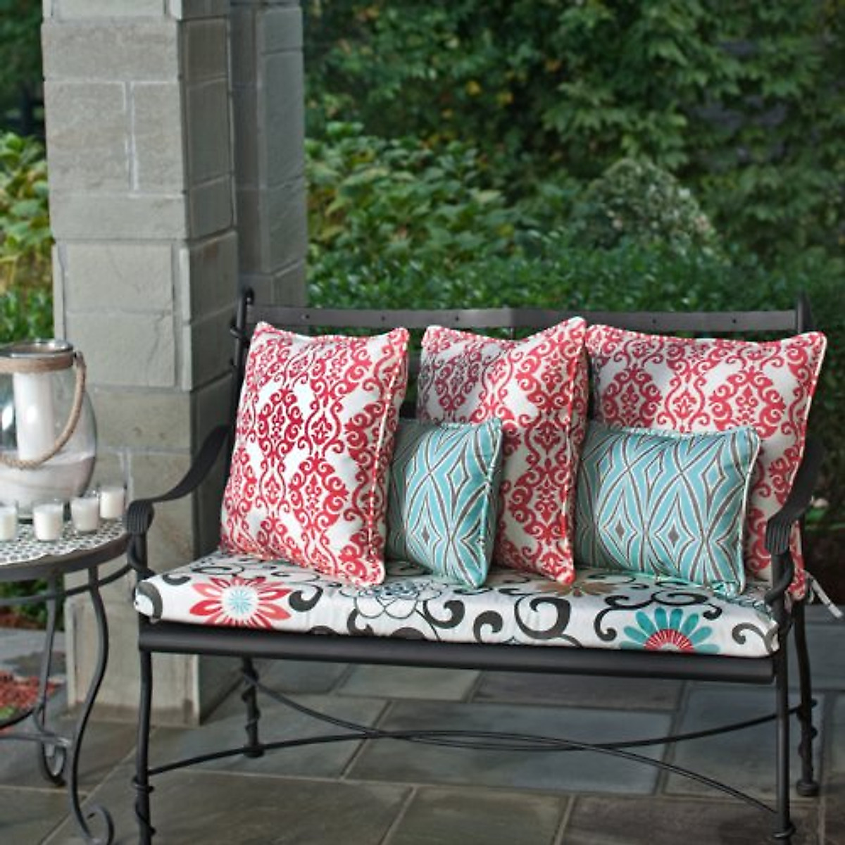 Pillow Perfect Outdoor/Indoor Pom Play Peachtini Bench/Swing Cushion, 45" x 18", Blue