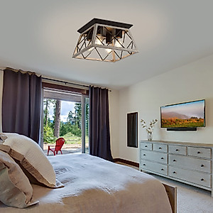 Q&S Farmhouse Ceiling Light OAK Semi Flush Mount Vintage 4-Light Square Rustic Island Light Fixtures for Entryway Hallway Dining Room Living Room Bedroom