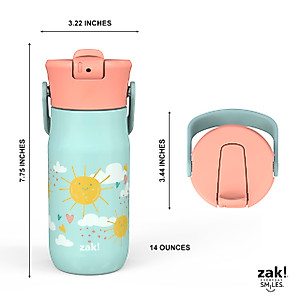 Zak Designs Harmony Kid Water Bottle for Travel or At Home, 14oz Recycled Stainless Steel is Leak-Proof When Closed and Vacuum Insulated (Happy Day)
