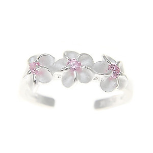 Arthur's Jewelry 925 sterling silver Hawaiian 3 triple plumeria flower pink cz open toe ring