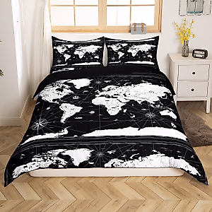 Erosebridal World Map Bedding Set Queen Nautical Theme Duvet Cover Black White Bedroom Decor Campus Sailboat Bedding, Geography Earth Global Theme Comforter Cover for Boys Girls Men Women