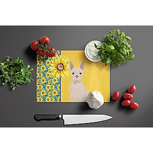 Caroline's Treasures WDK5335LCB Summer Sunflowers White Boston Terrier Glass Cutting Board Large Decorative Tempered Glass Kitchen Cutting and Serving Board Large Size Chopping Board