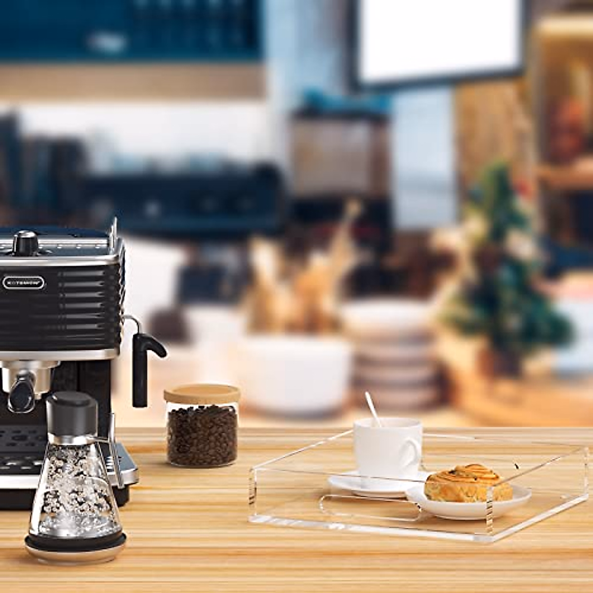 KOTEMON Acrylic Serving Tray with Handles-12x12x2.36Inch-Decorative Tray Letter Tray Organizer for Ottoman Coffee Table Countertop, Clear