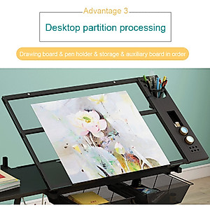 EESHHA Drawing Table Adjustable Glass Drafting Table,Versatile Art Study Table,with Storage Drawers,Art Studio Design Sketching Painting Work Station (Color : Glass) (Glass) (Glass)