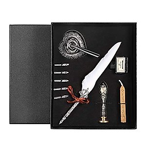 Bewinner Feather Pen, European Vintage Feather Pen for Writing with Ink Pen Support, Ink and Letter for Personal Use and Gift(White)