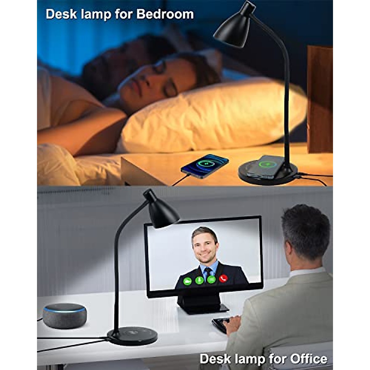 KAiSnova Desk Lamp with Wireless Charger & USB Charging Port, 60 LED Desk Lamps for Home Office, 5 Color & 7 Levels Brightness Touch Control Table Lamp, Gooseneck Desk Lamps for Bedroom Bedside Dorm