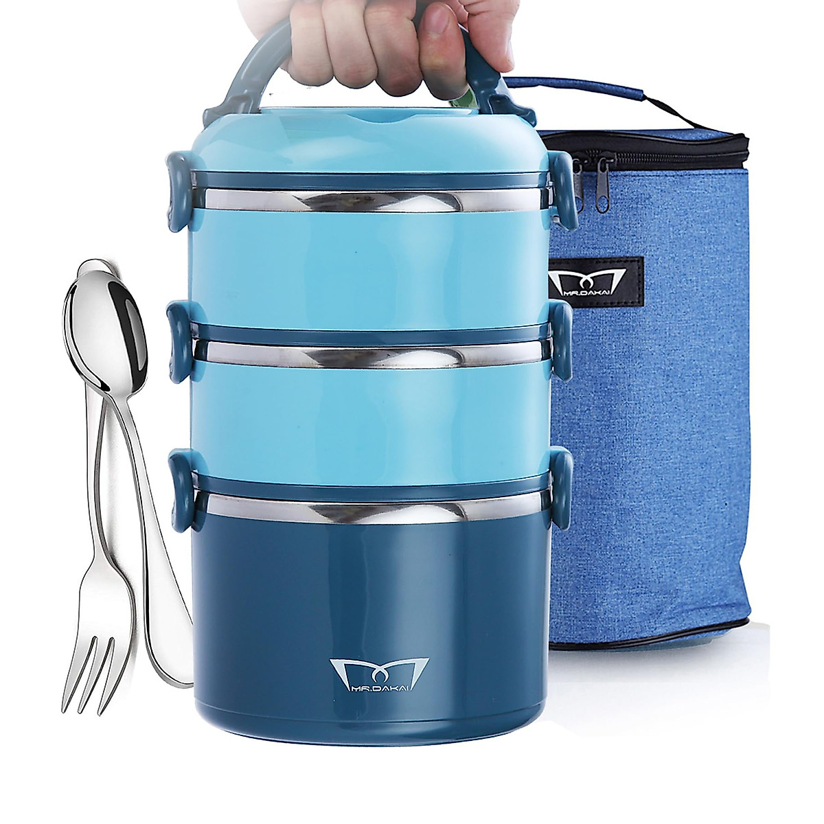Mr.Dakai Bento Box Adult Lunch Box -81oz Stackable Bento Lunch Box for Adults,3-Tier All-in-One Insulated Thermal Food Containers,Leakproof Lunchbox with Bag/Utensil for Dining Out,Work,Blue