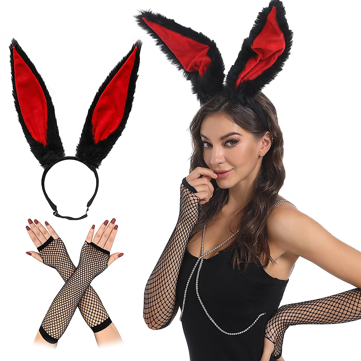 Kikazarru Bunny Ears Headband Bunny Costume Accessories Fishnet Gloves And Rabbit Ears Headband