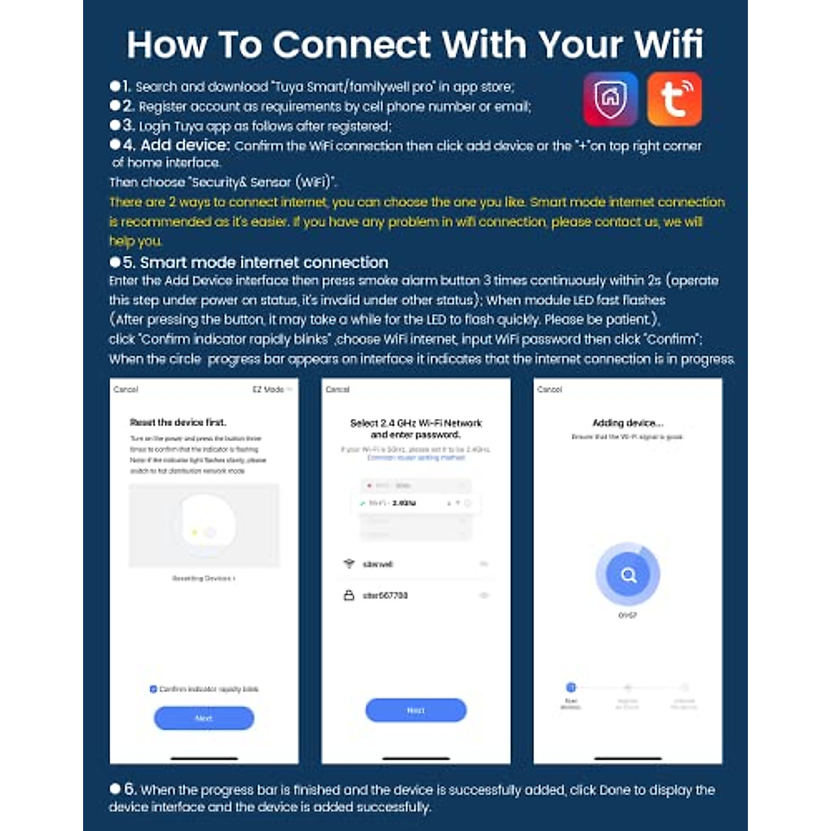 Ecoey WiFi Smoke Detector, WiFi Smoke Alarm with Photoelectric Technology and LED, Smoke Alarm with Test&Silence Function and Low Battery Warning for Home (Not 5G), TUYA APP, FJ158D-H04, 2 Packs