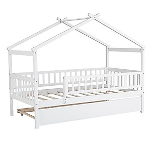 Twin House Bed with Trundle, House Bed for Kids, Wooden Daybed Twin Platform Bed Frame with Guardrails and Roof, for Girls Boys, Easy Assembly (Twin Size, White)