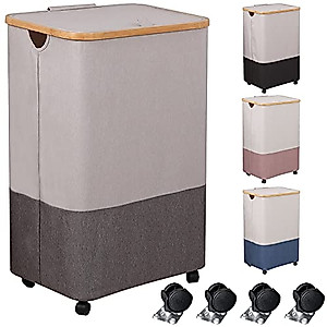 Large Laundry Hamper with Lid - Collapsible Laundry Baskets with Wheels and Removable Laundry Bag, 105L Capacity Dirty Clothes Hampers with Handles for Living Room, Bedroom, Laundry Room, Beige+Grey