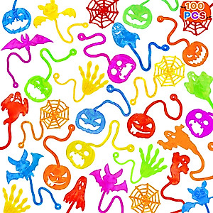 Tuzuaol 100 Pack Halloween Sticky Hands Party Favors Supplies for Kids, Ghost Pumpkin Skull Fingers Bat Spider Web Sticky Stretchy Hand Toys Gifts for Boys Girls