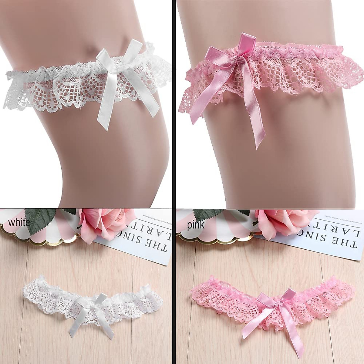 5 Pairs Lace Wedding Garter Bridal Lace Floral Bowknot Garter Ribbon Belt Leg Ring for Women Girls Favor with 1 Pairs Stocking Buckle