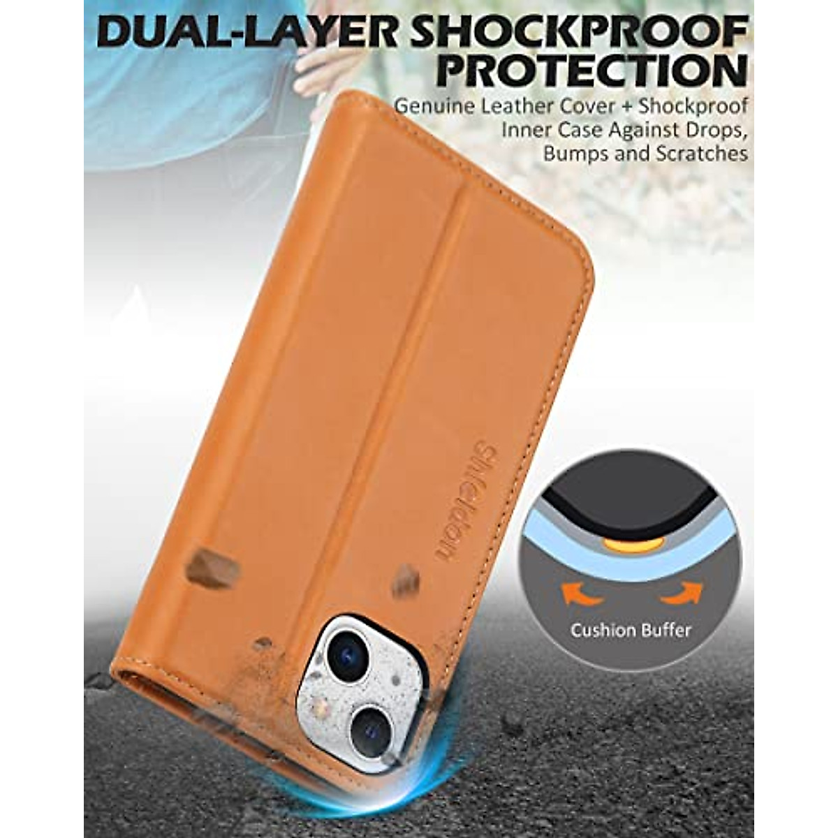 SHIELDON Case for iPhone 13 5G, Genuine Leather Durable Flip Wallet Kickstand RFID Blocking Credit Card Holder Magnetic Shockproof Protective Case Compatible with iPhone 13 (6.1" 2021 Release) - Brown