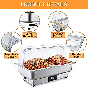 Electric Chafing Dish 9 QT Adjustable 0°C~100°C Roll Top Half Size Auto ShutOff Stainless Steel Buffet Servers and Warmers, Temp Display Programmable Food Warmer Transparent Lid Chafers for Catering